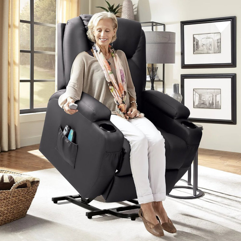 Ebern Designs Power Lift Recliner Chair Pu Leather for Elderly with Massage Ergonomic Black Reviews Wayfair